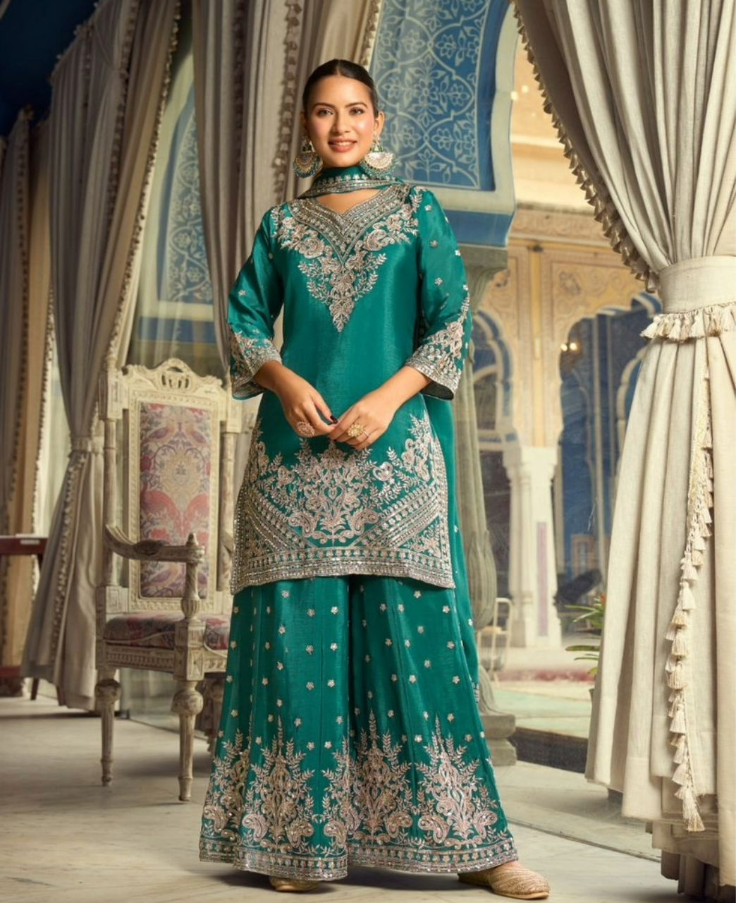 StepnShop Premium Chinon Silk Embroidery Work Suit with Plazo – Shri ...