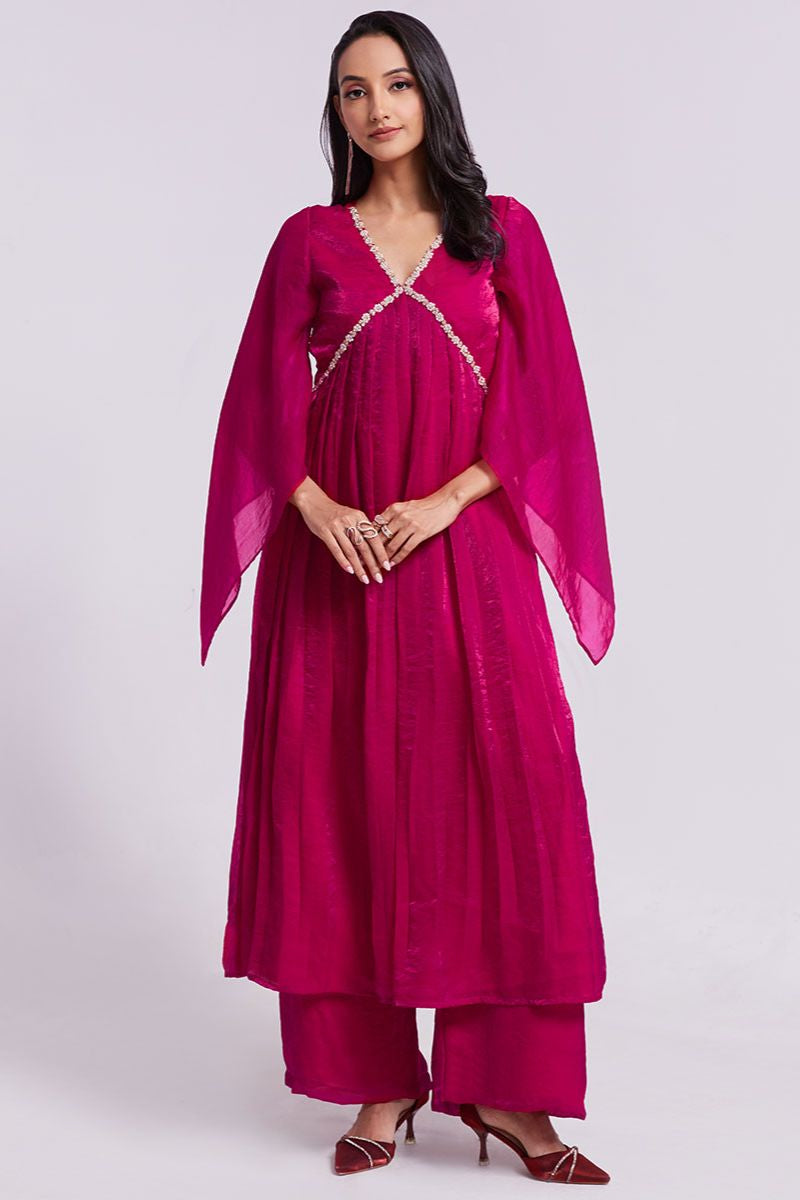 Raspberry Pink Pure Organza Kurta with Palazzo – Shri Balaji Emporium